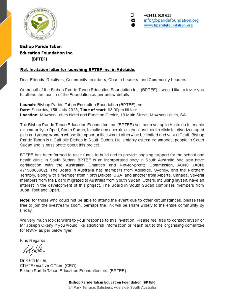 BPTEF - Invitation Letter and Donation Box. | PDF | South Sudan