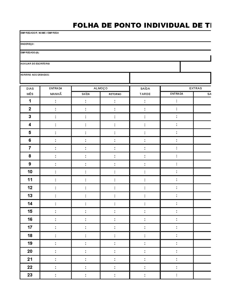 Modelo Folha de Ponto Mensal | PDF