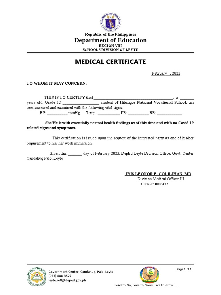 Medical Certificate Work Immersion 1 | PDF