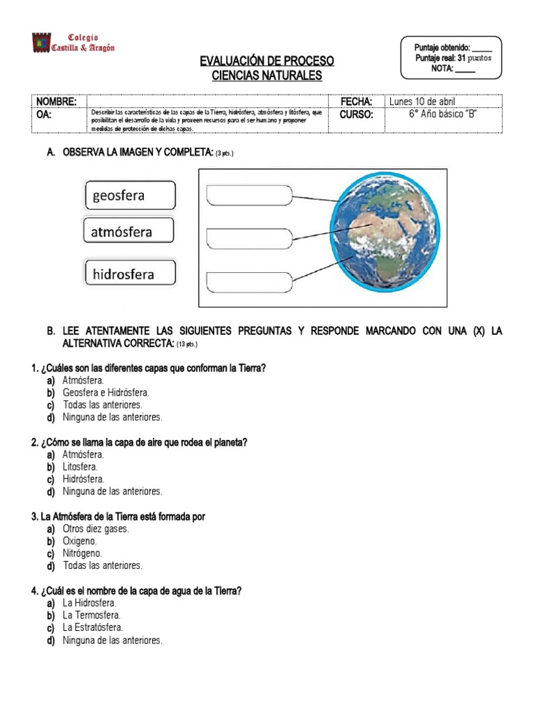 Evaluación sobre las Capas de la Tierra | PDF