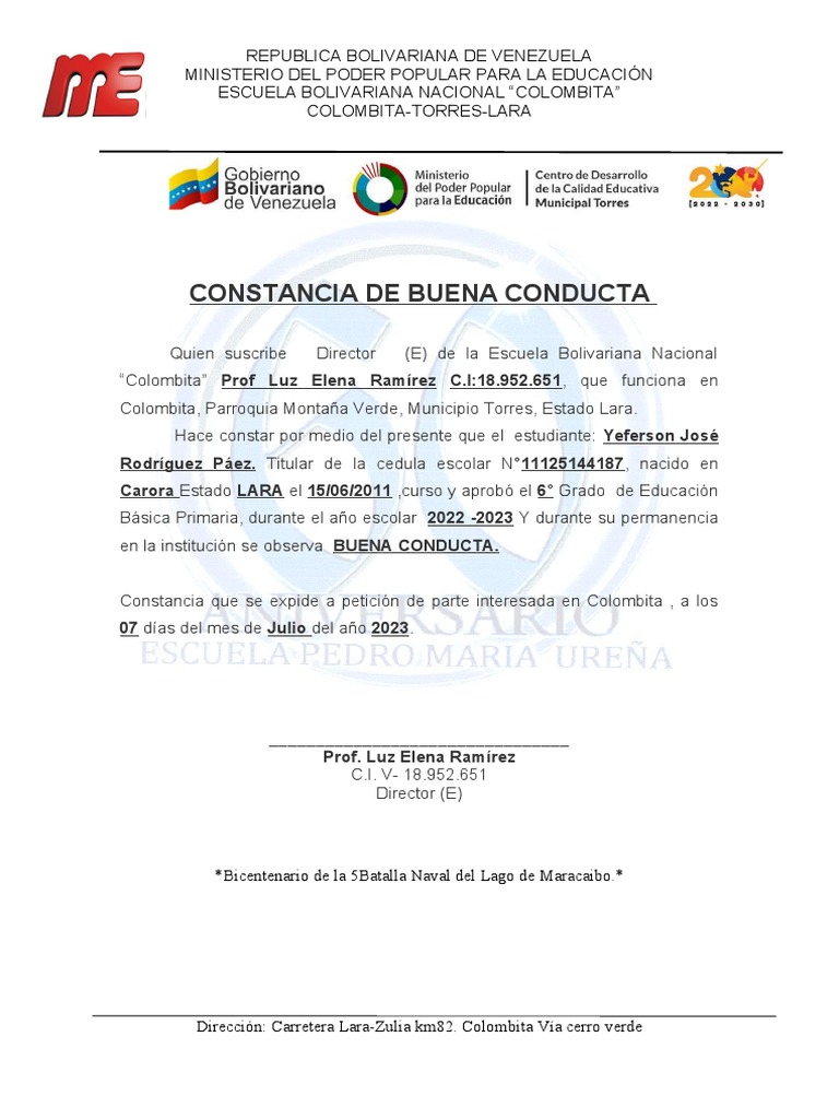 Constancia de Buena Conducta Yeferson | PDF