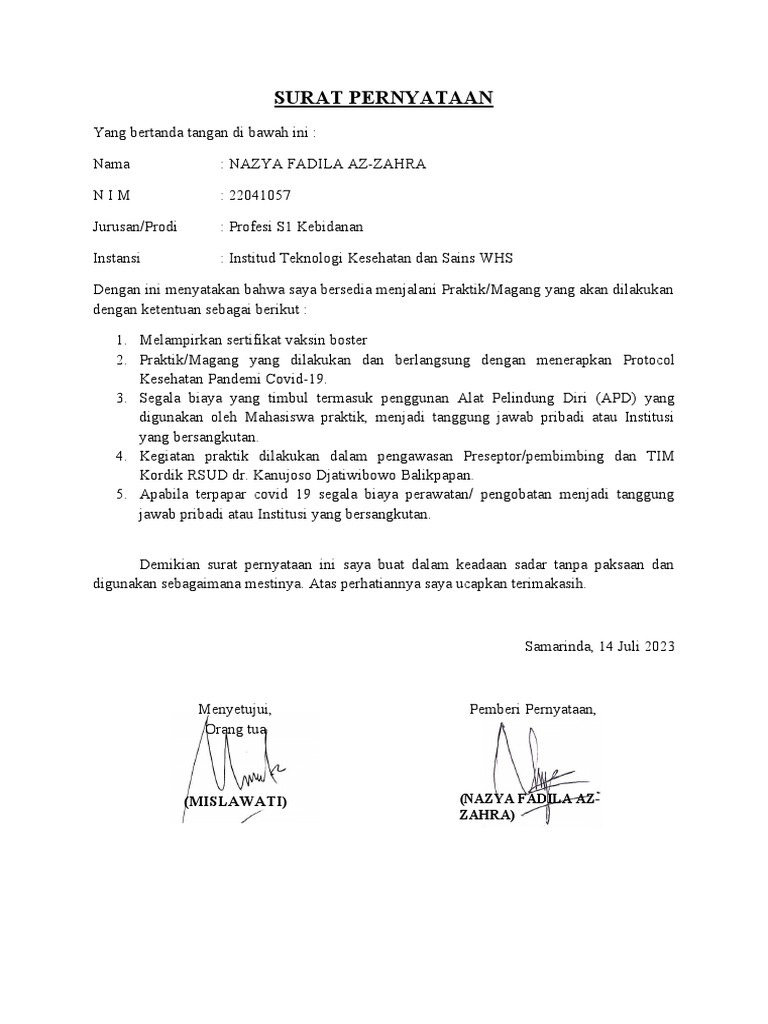 Surat Pernyataan PKL | PDF