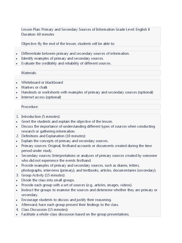 Lesson Plan ENg 8 | PDF | Primary Sources | Information