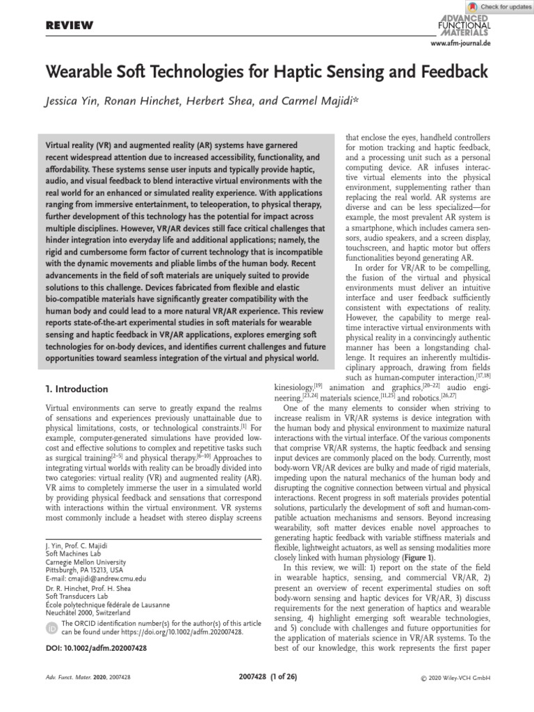 Wearable Soft Technologies For Haptic Sensing And Feedback 2020 Pdf Art