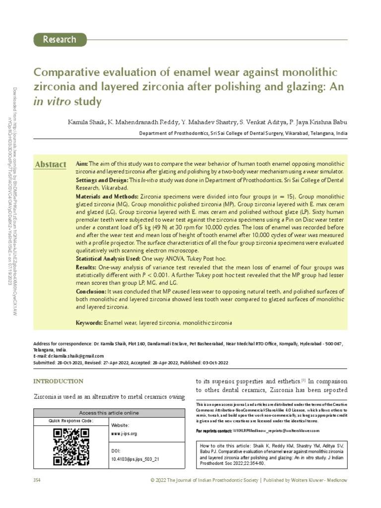 Comparative Evaluation Of Enamel Wear Against 6 Pdf Zirconium Dioxide Tooth