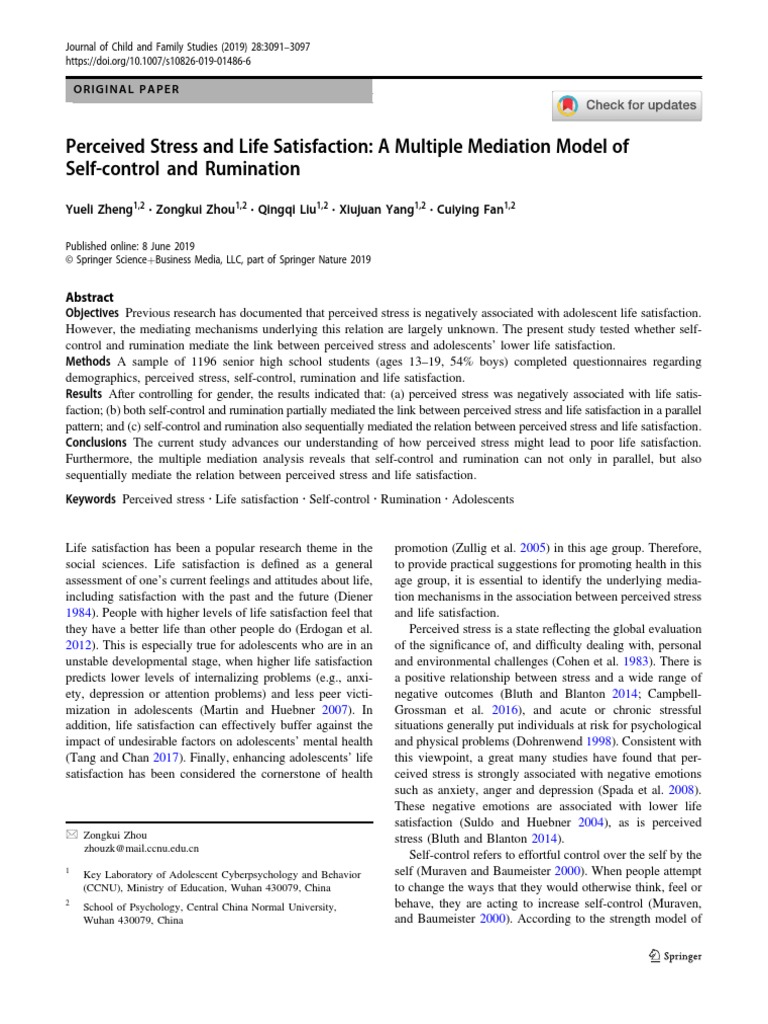 Perceived Stress and Life Satisfaction: A Multiple Mediation Model of ...