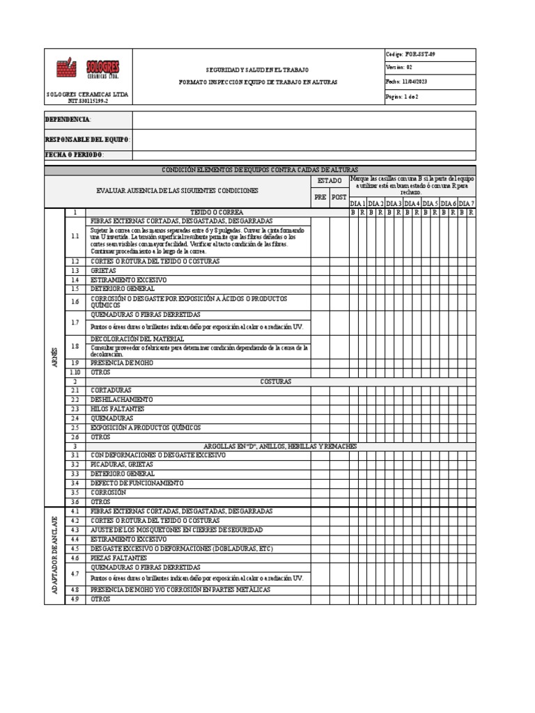 Formato de Inspeccion de Equipos de Altura | PDF | Química Física | Formas de energia