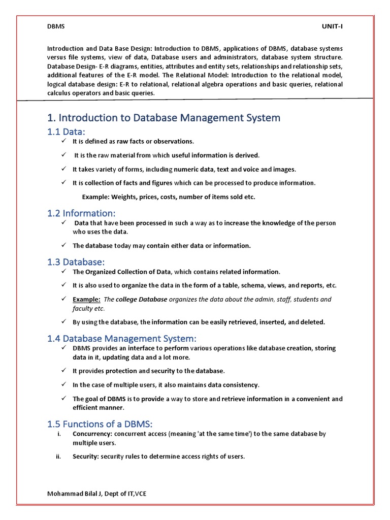 BILAL DBMS UNIT-1 Notes | PDF | Relational Database | Databases