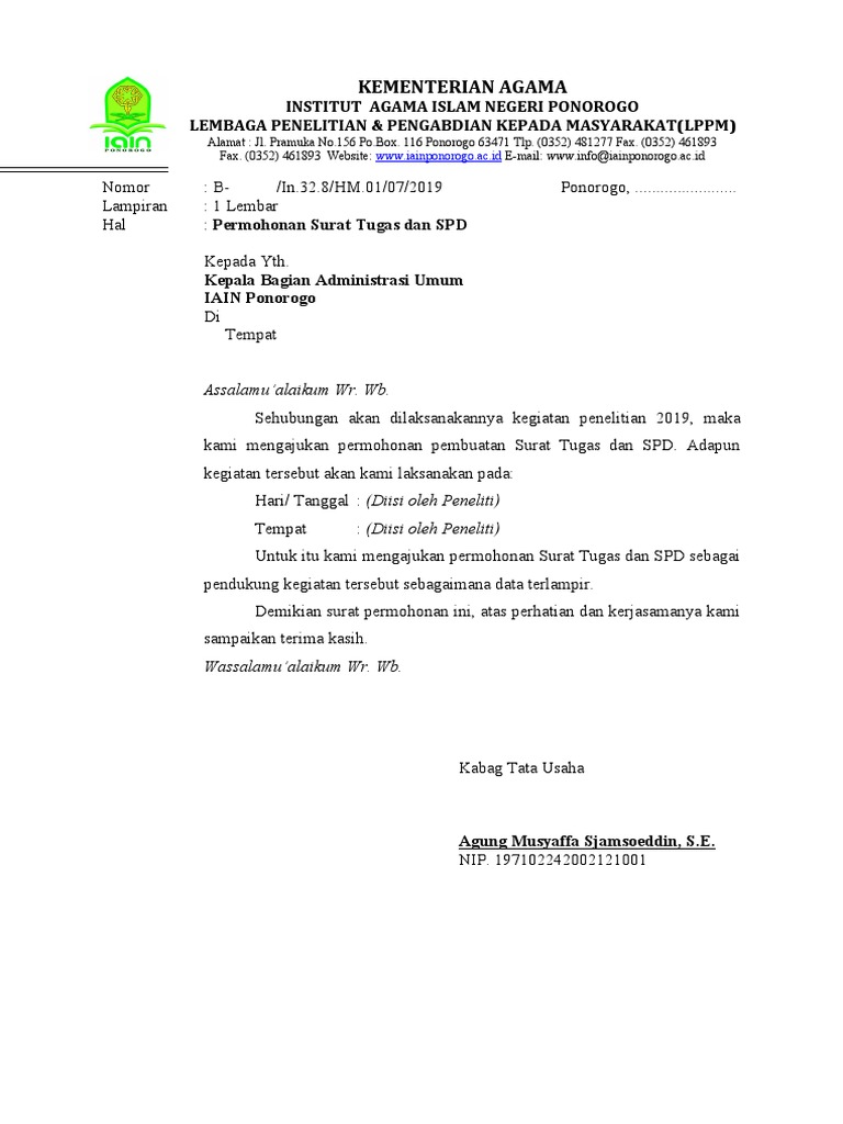 Format SURAT TUGAS, SURAT PENGANTAR SPD PENELITIAN | PDF