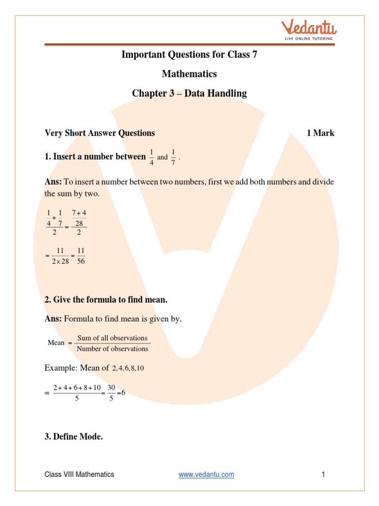 Important Questions of Class 7 Maths Chapter 3 Data Handling | Download ...