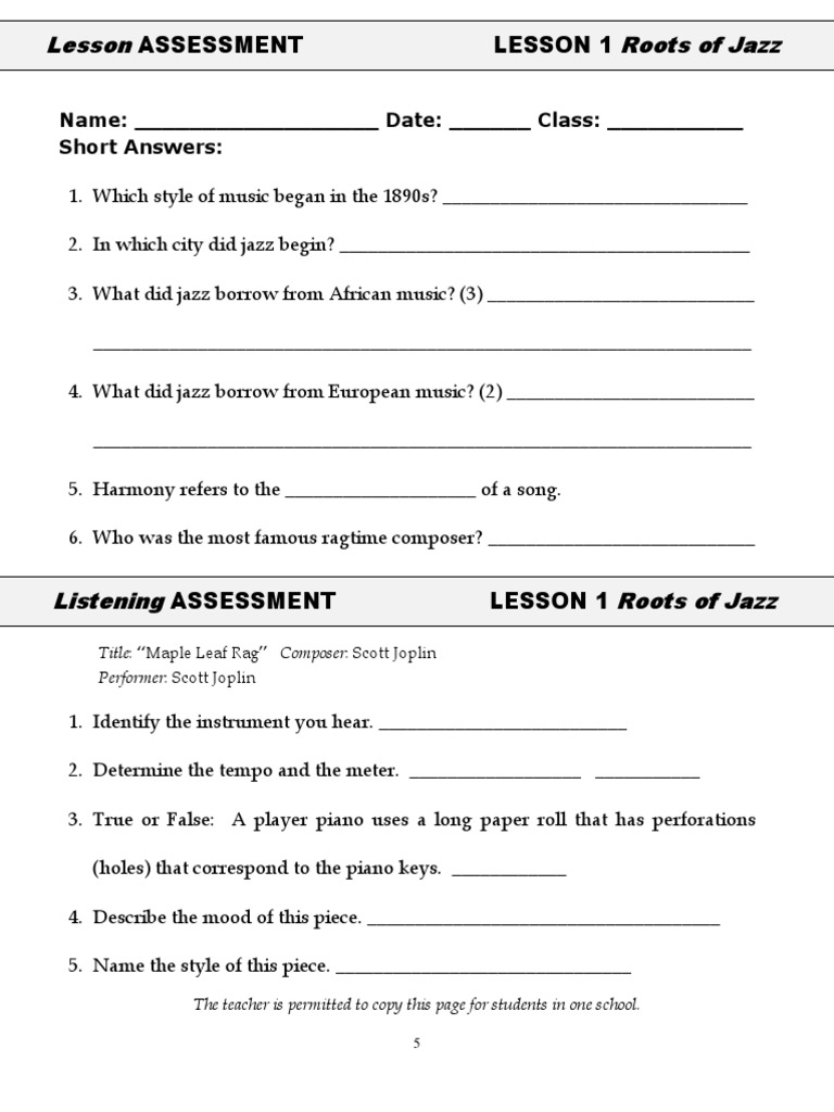 01 Roots of Jazz Worksheet 1 | PDF