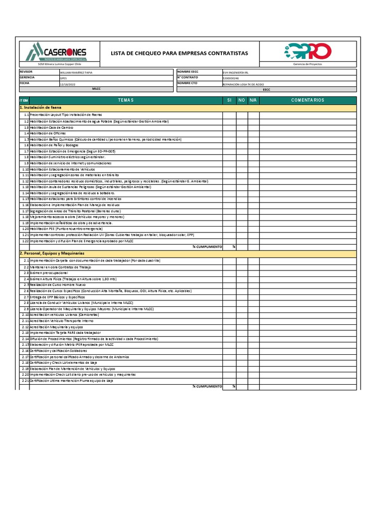 Check List Inicio Faena EECC EN BLANCO | PDF
