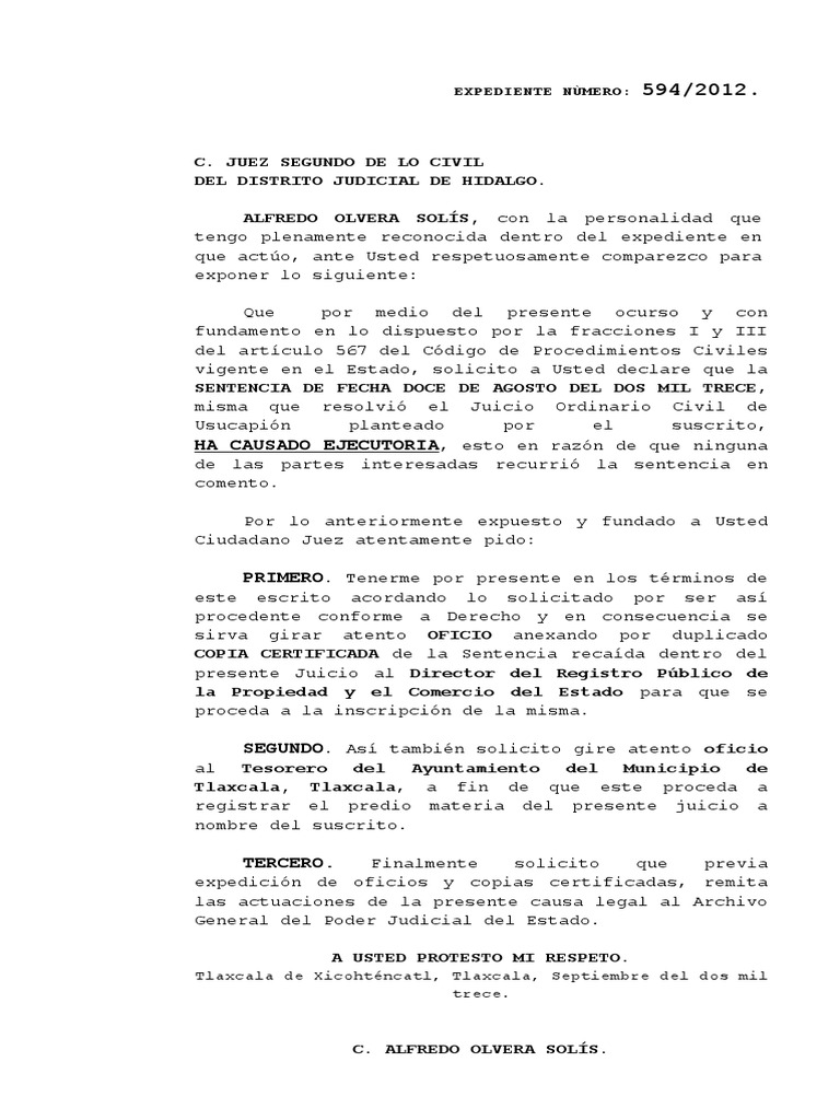 Escrito Solicitando Que Sentencia Cause Ejecutoria Alfredo Olvera Solís | PDF