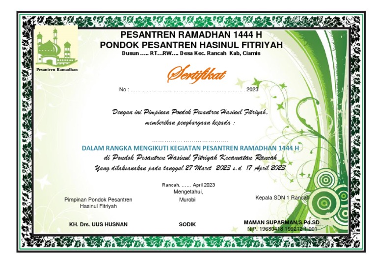 Contoh Sertifikat Pesantren Kilat | PDF Contoh Sertifikat Pesantren Kilat | PDF