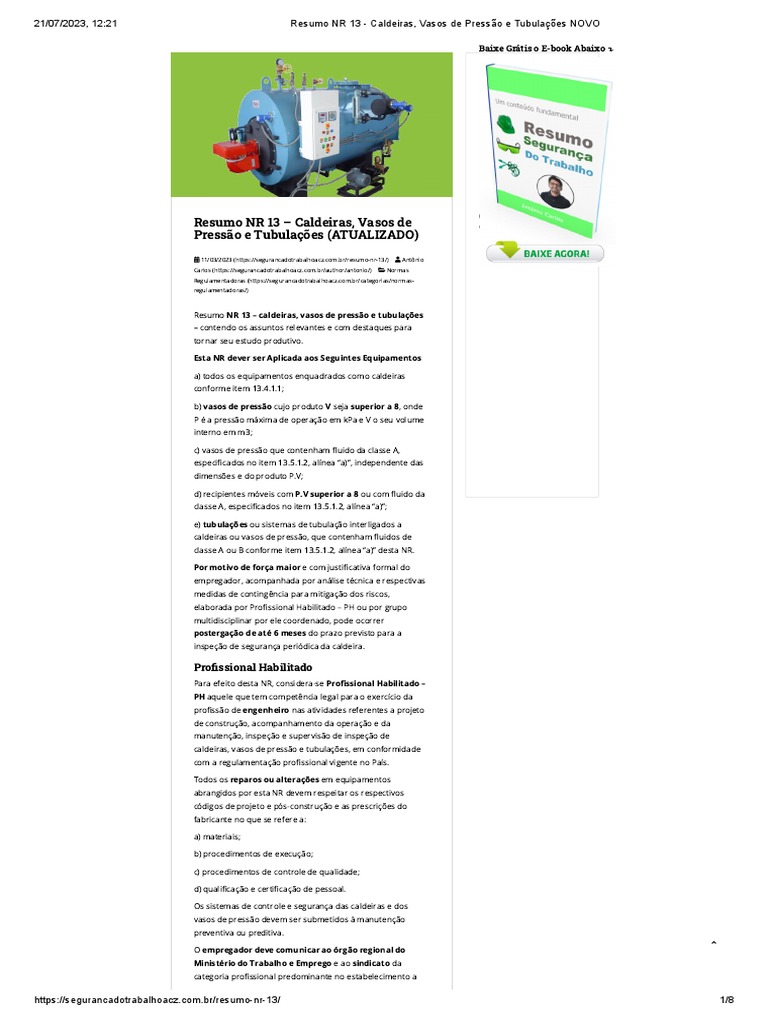 Resumo NR 13 - Caldeiras, Vasos de Pressão e Tubulações NOVO | PDF ...