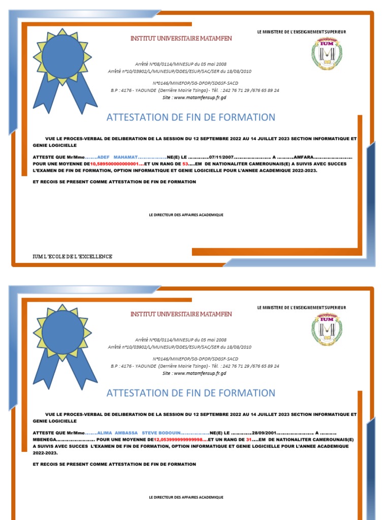 Attestation de Fin de Formation IUM | PDF | Cameroun | Informatique