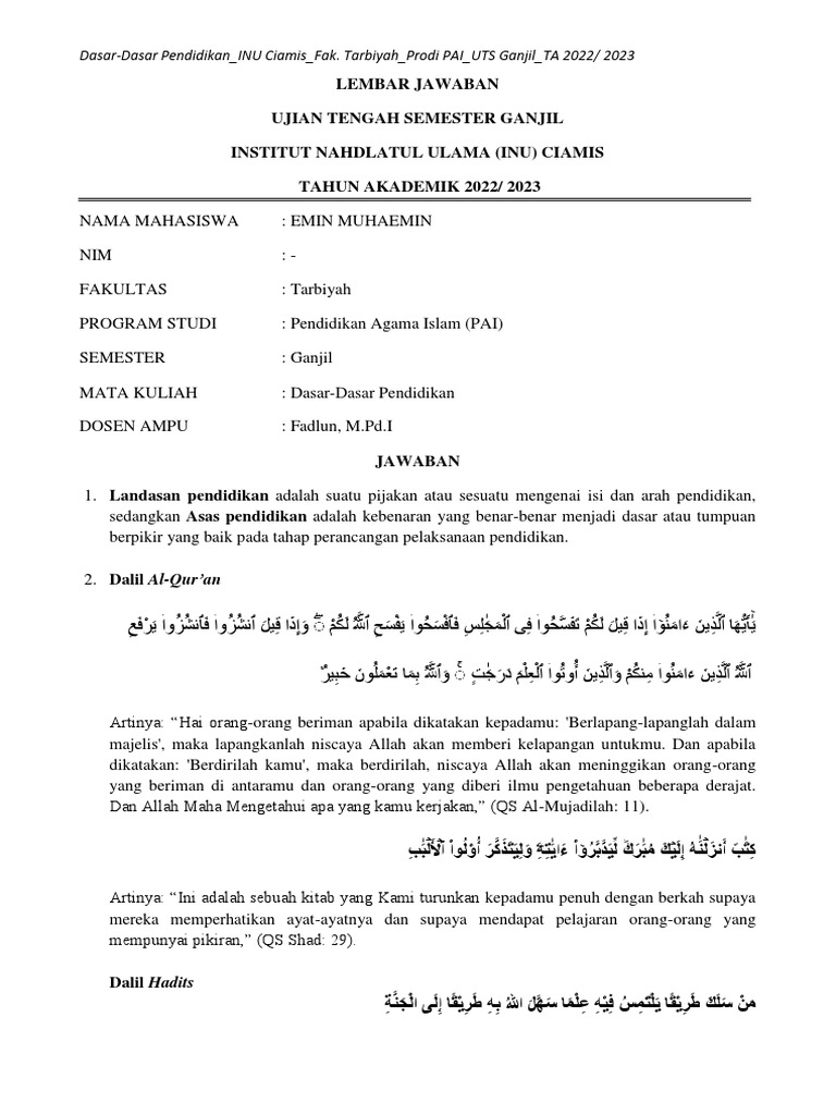 UTS Dasar-Dasar Pendidikan INU Ciamis | PDF | Karier & Perkembangan ...