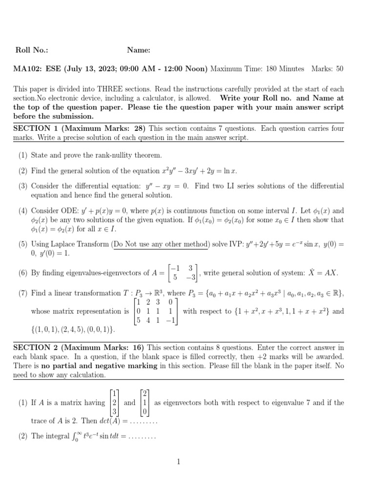 Ese Ma102 | PDF | Ordinary Differential Equation | Eigenvalues And Eigenvectors