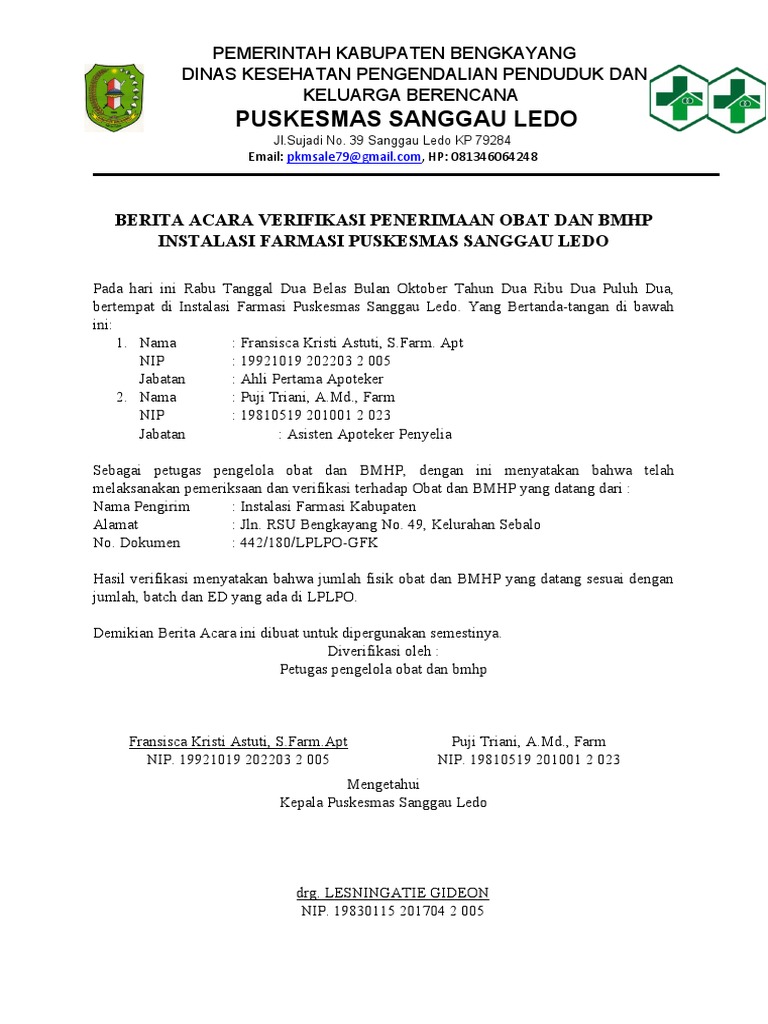 Berita Acara Verifikasi Penerimaan Obat Dan BMHP Instalasi Farmasi ...