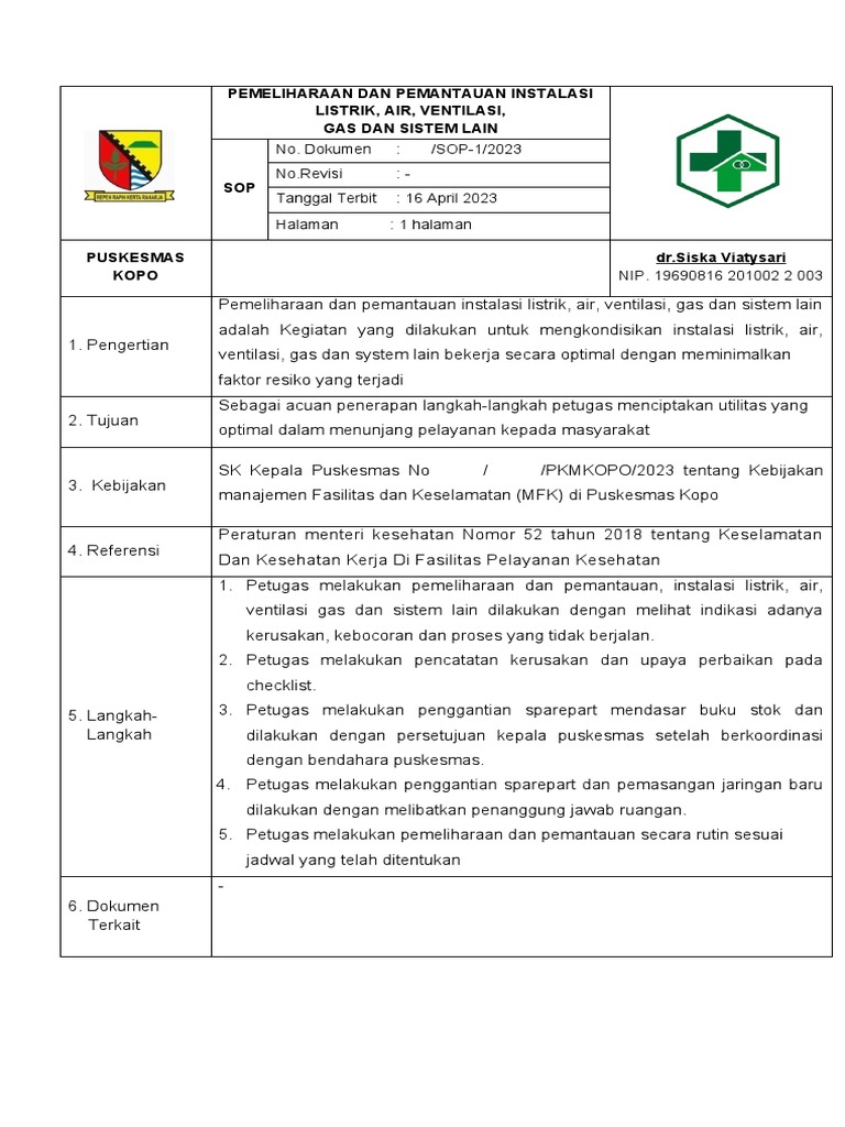 Sop Pemeliharaan Dan Pemantauan Instalasi Listrik, Air, Gas DLL Kopo | PDF | Sains & Matematika
