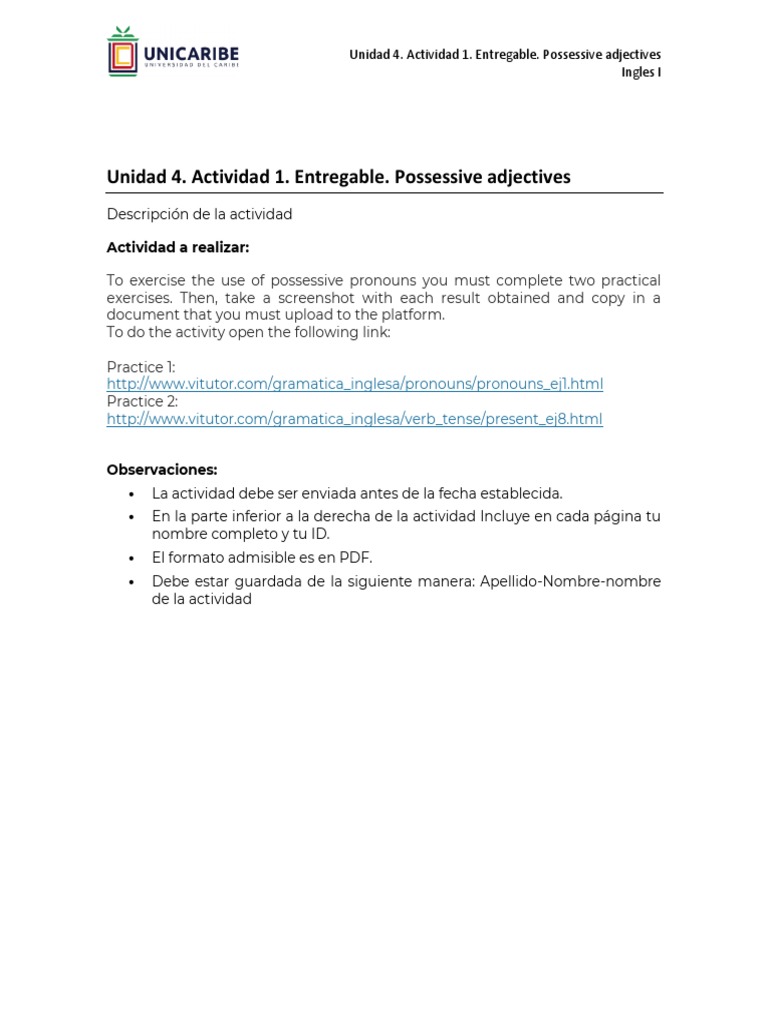 Unidad 4. Actividad 1. Entregable. Possessive Adjectives | PDF | Estudios de idiomas extranjeros ...
