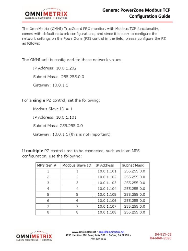 IM 815 02 Generac PowerZone ModbusTCP Configuration Guide | PDF | Computer Networking | Network ...