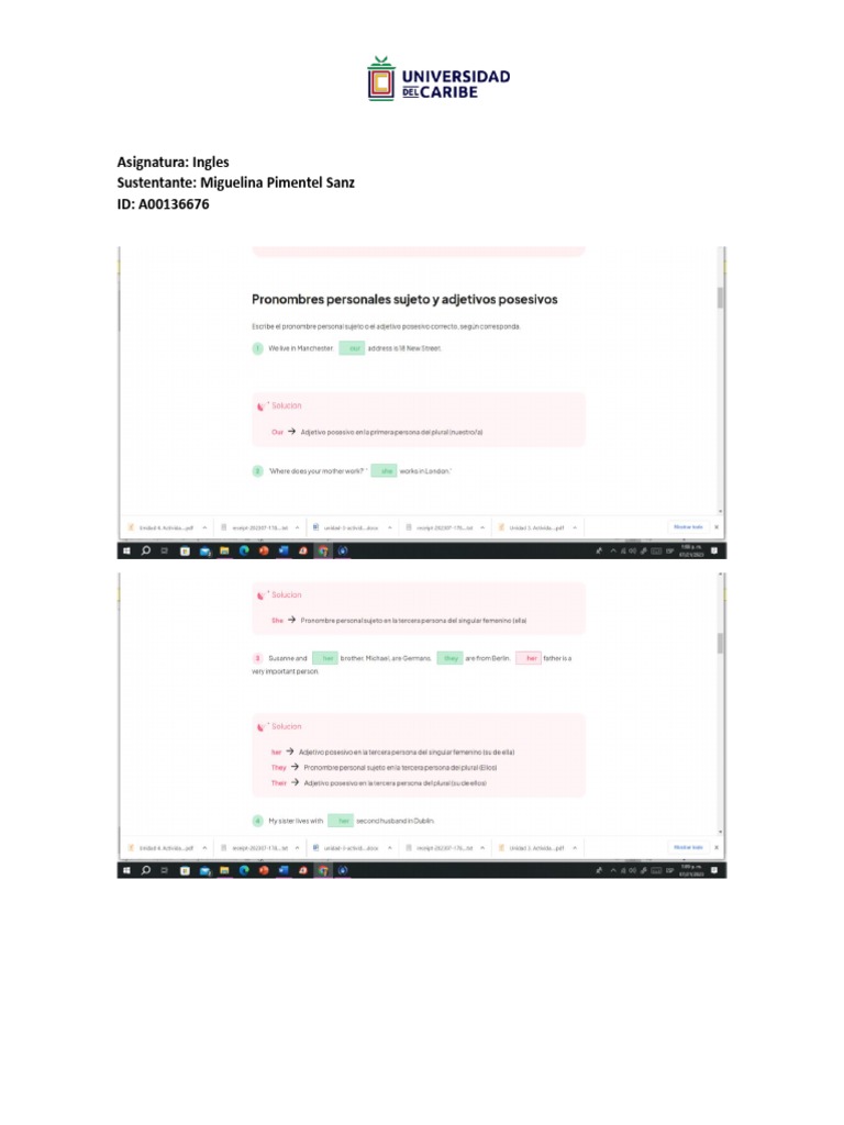 Pimentel - Miguelina-Unidad 4. Actividad 1. Entregable. Possessive Adjectives | PDF