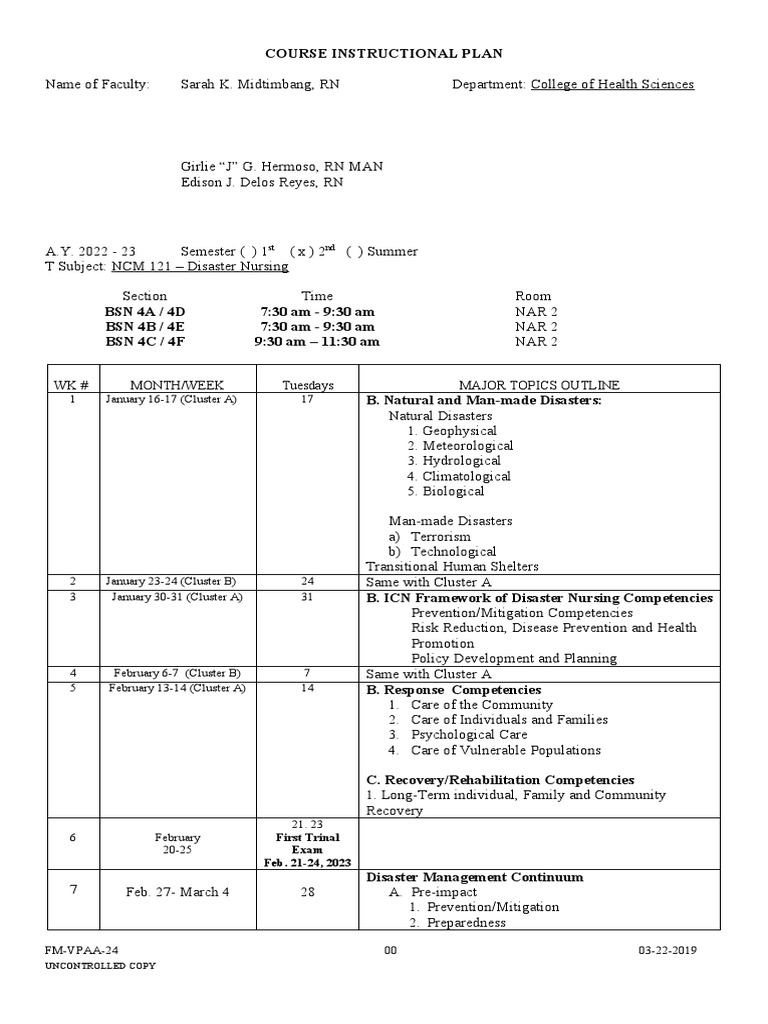 CIP-NCM-121-Disaster Nursing-Tuesdays | PDF | Emergency Management ...