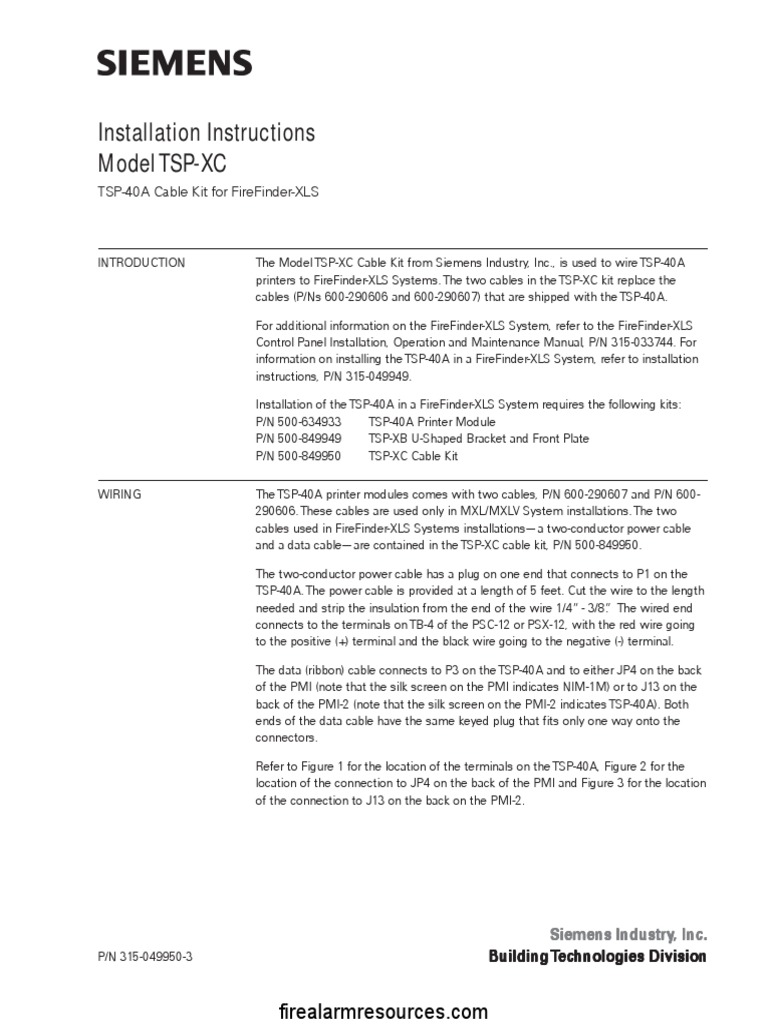 Siemens TSP XC TSP 40a Cable Kit For Firefinder Xls Installation ...