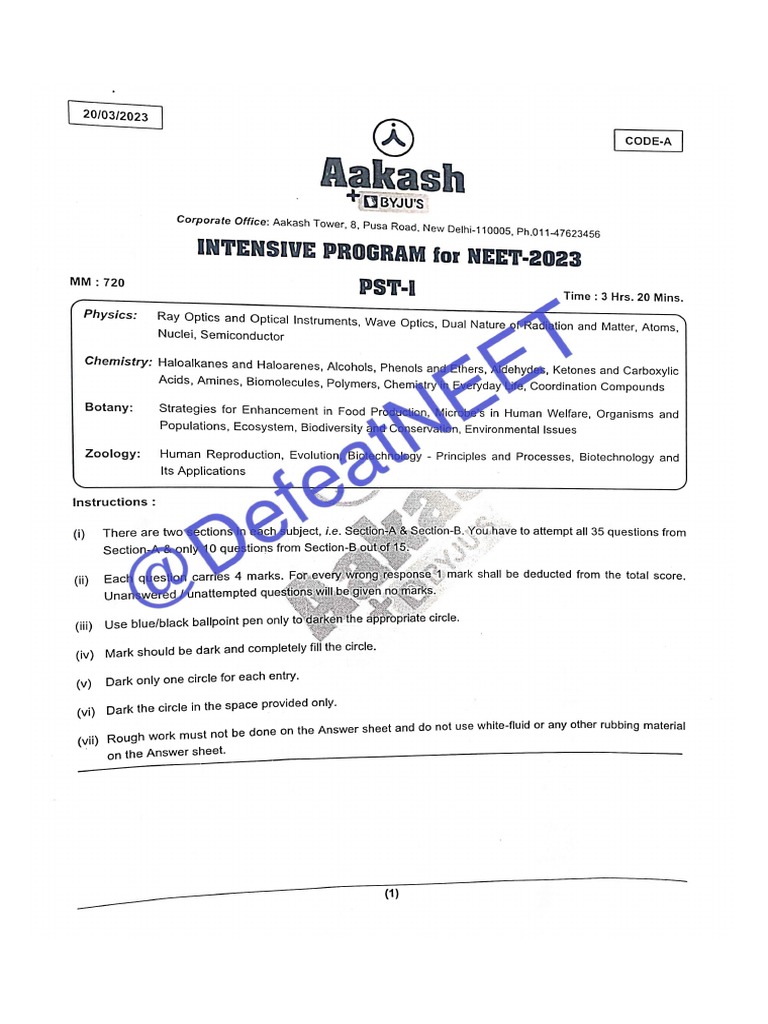 Intensive PST-01 (@DefeatNEET) | PDF