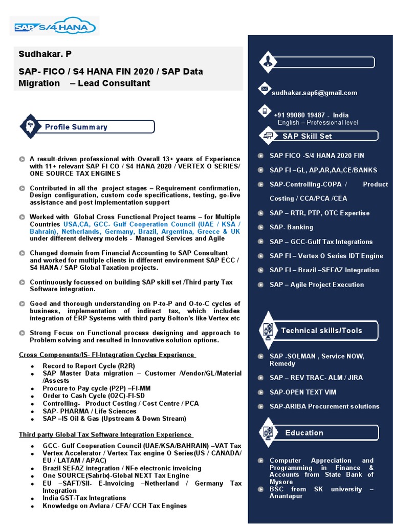 Sudhakar P - 13 Yrs - SAP FICO-S4 HANA FIN - Data Migration Lead | PDF | Accounts Payable | Banks