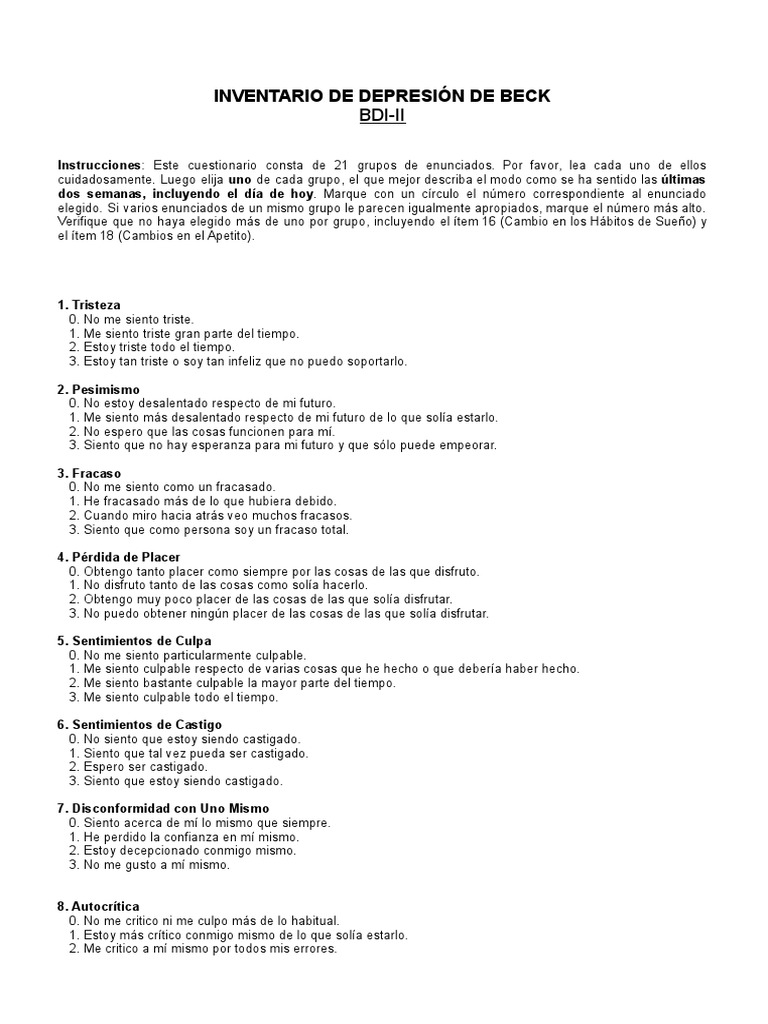 Inventario de Depresión de Beck BDI-II | PDF