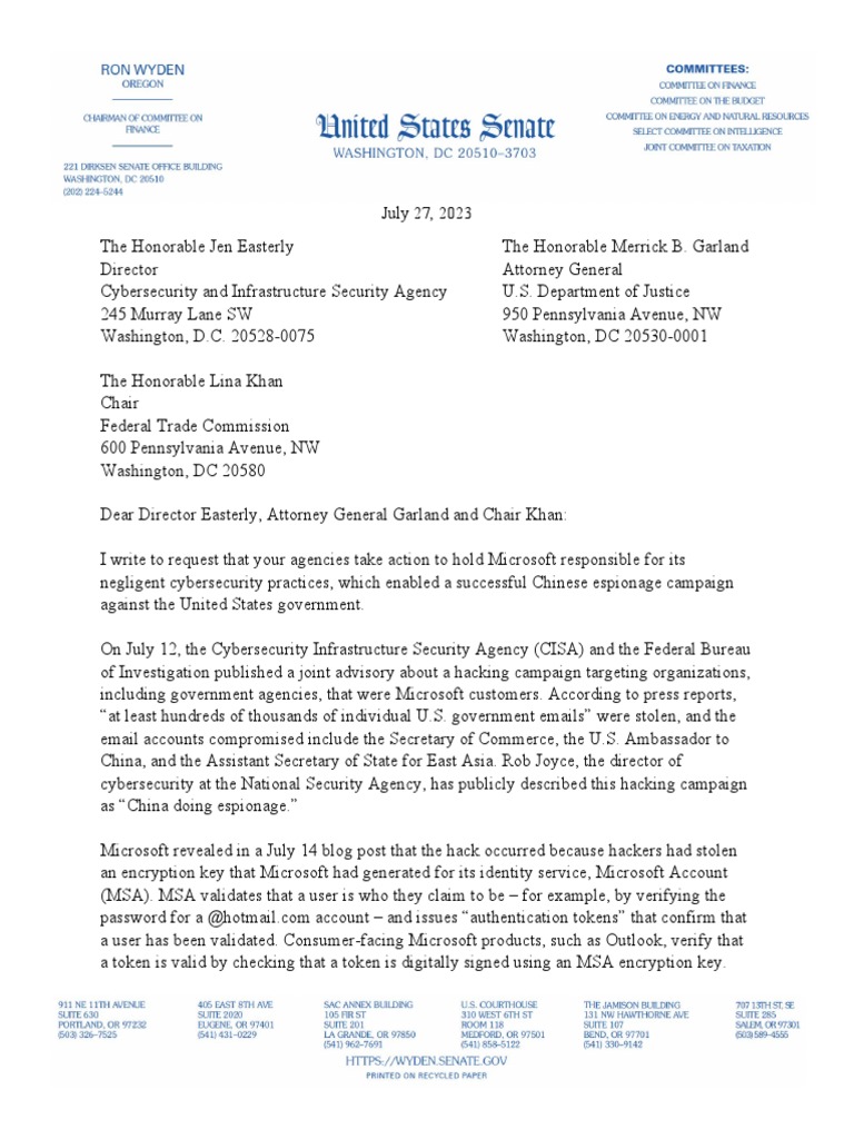 Wyden Letter To CISA-DOJ-FTC Re 2023 Microsoft Breach | PDF | Security ...