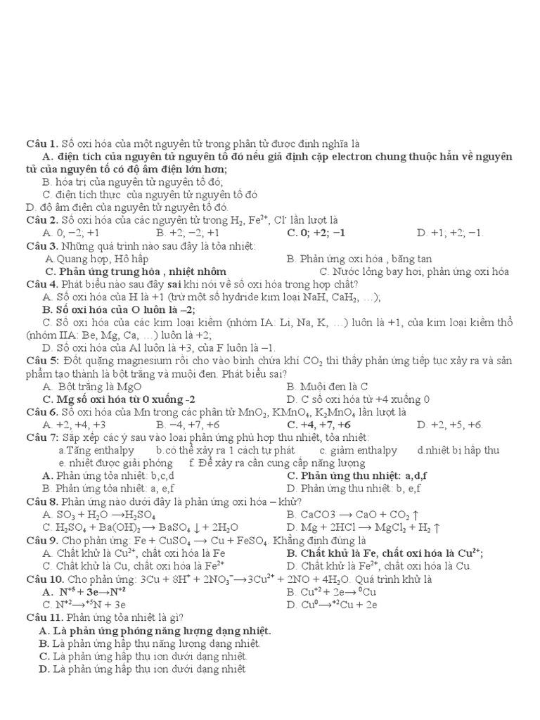 ĐỀ KTRA HÓA GIỮA KỲ 2 | PDF