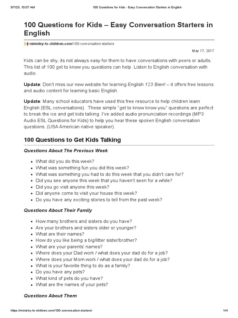 100 Questions For Kids - Easy Conversation Starters in English | PDF