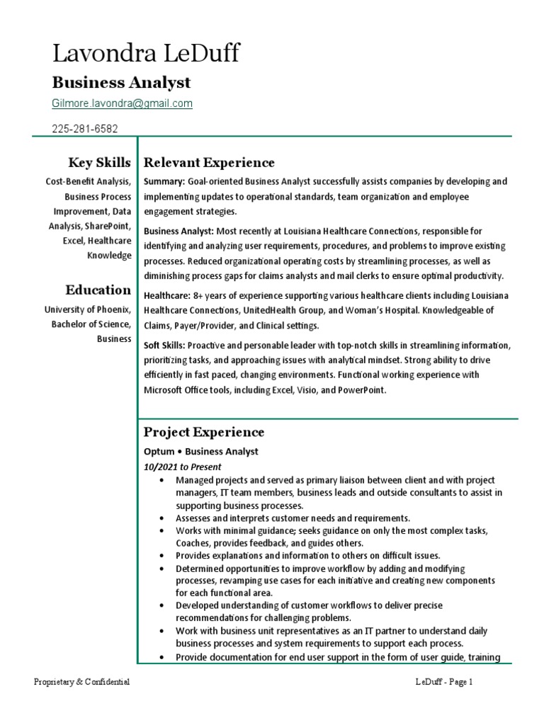 Business Analyst Profile: Lavondra LeDuff | PDF | Business Process | Data