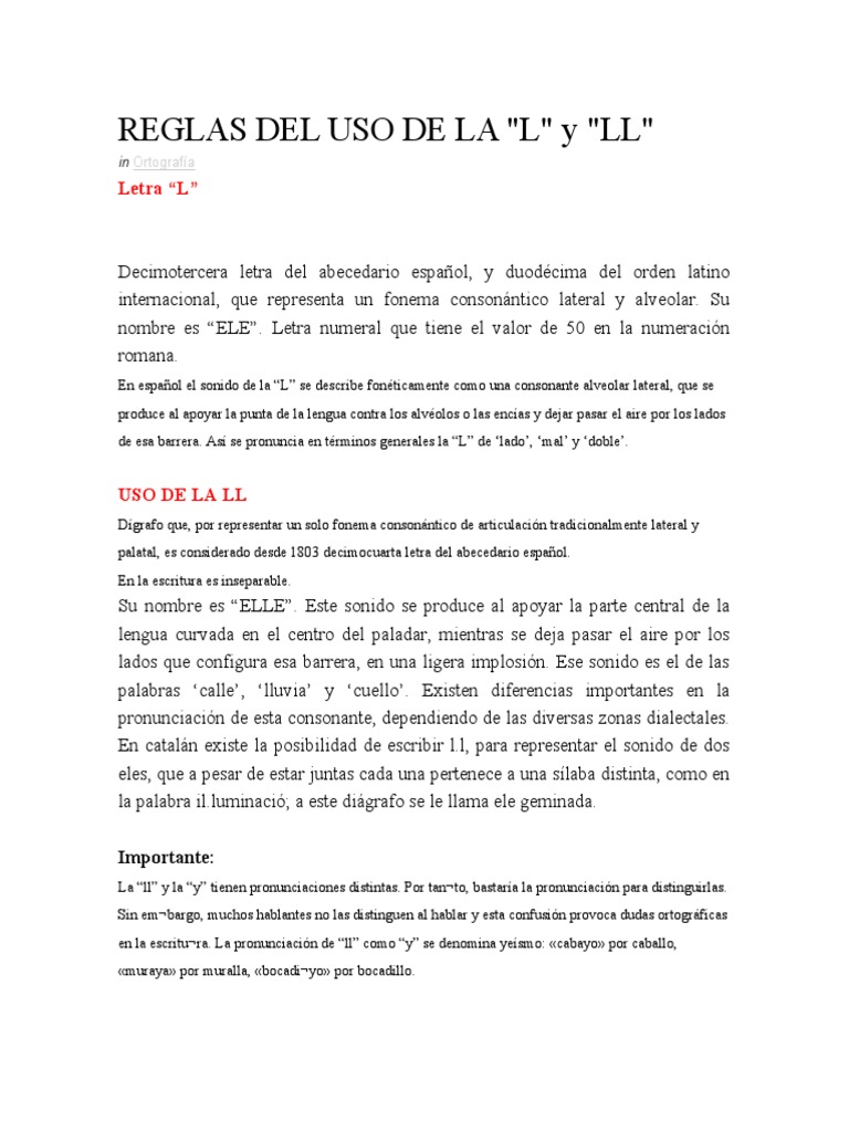 Reglas del Uso de la "L" y "LL" | PDF | Lingüística | Caligrafía occidental