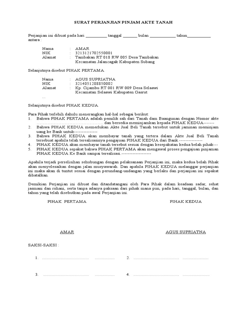 Surat Perjanjian Pinjam Sertifikat | PDF | Pengelolaan Keuangan & Uang | Griya & Taman
