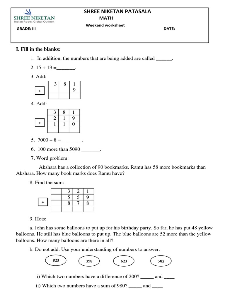 Grade 3 Math Weekend Worksheet | PDF