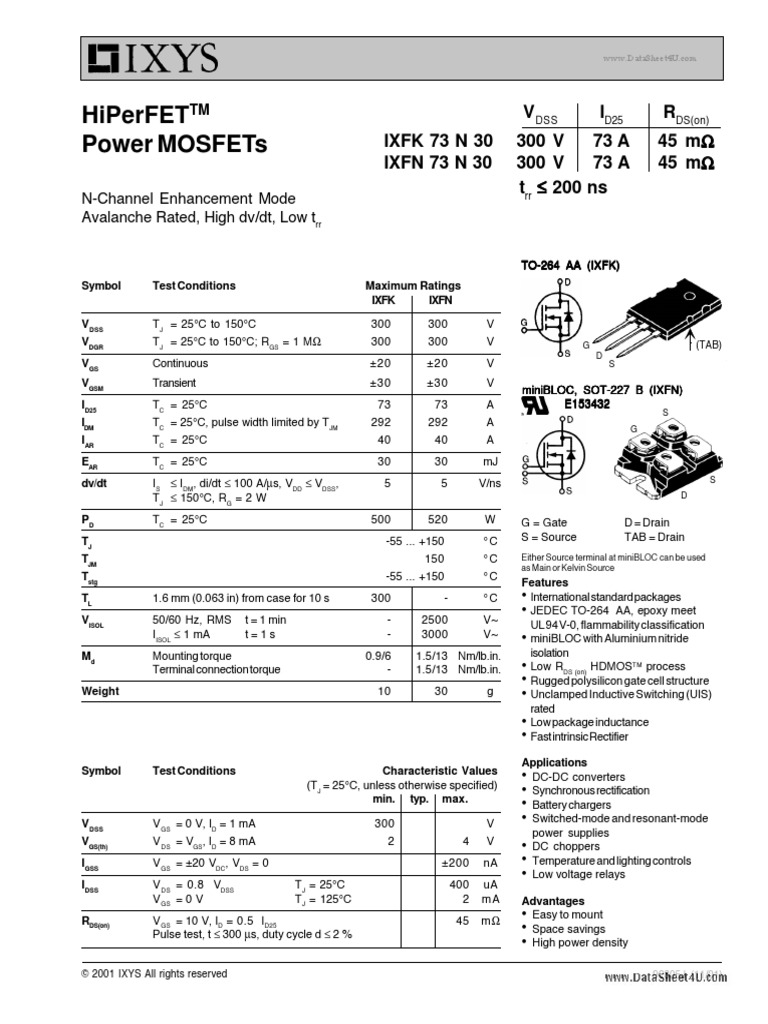 IXFN73N30 IXYSCorporation | PDF | Rectifier | Field Effect Transistor