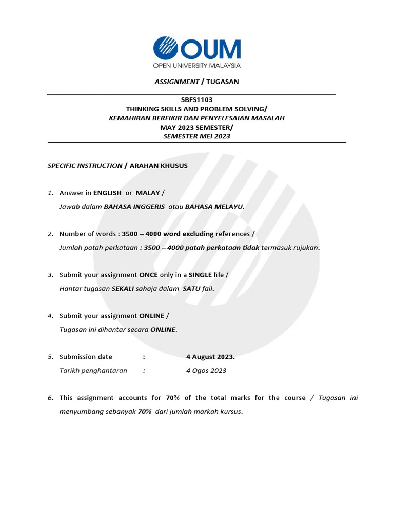 Assignment / Tugasan - Kemahiran Berfikir Dan Penyelesaian Masalah Semester Mei 2023 | PDF ...