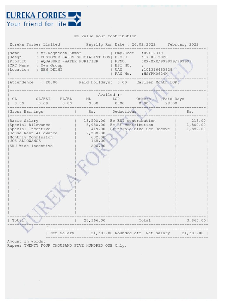 Eureka Forbes Limited Payslip | PDF
