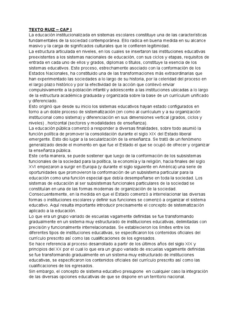RESUMEN TEXTOS Educación Institucionalizada | PDF