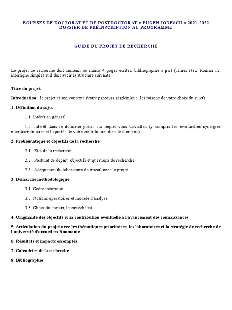 Guide du Projet de Recherche Doctoral | PDF