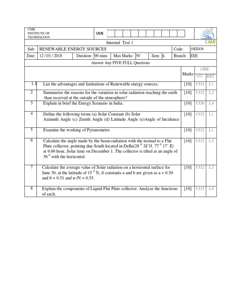 IAT - I Question Paper With Solution 10EE836 Renewable Energy Sources ...