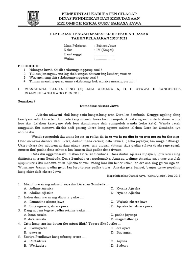 Soal PTS B.jawa 2020 KLS Iv SMT 2 | PDF