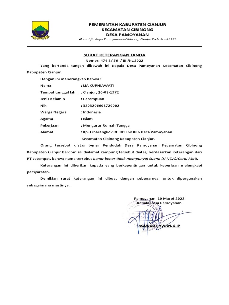 Surat Keterangan Janda Lia Kurniawati | PDF