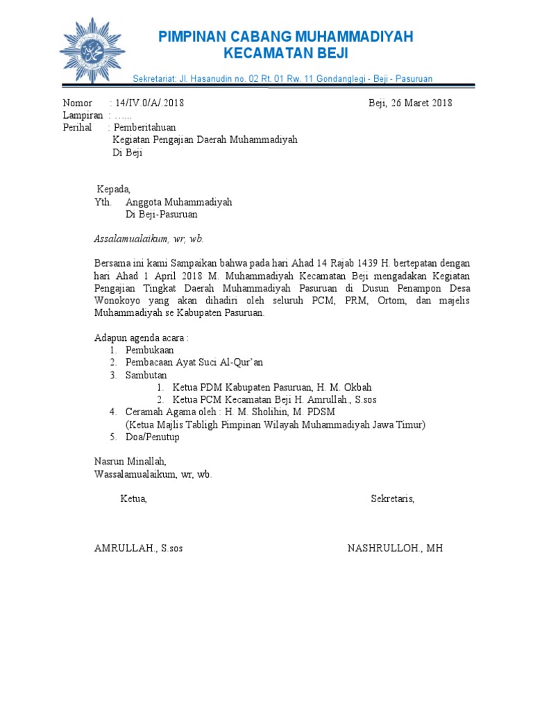 Surat Pemberitahuan Warga Muhammadiyah | PDF