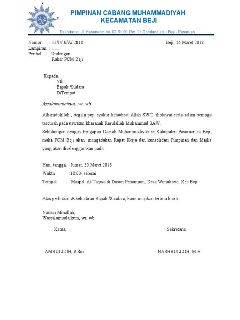 Surat Undangan Raker PCM Beji | PDF