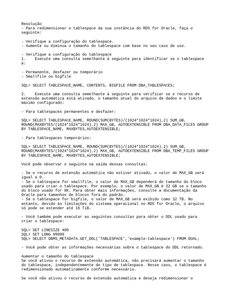 Como Redimensiono o Tablespace Da Minha Instância de Banco de Dados Do ...